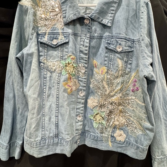 indigo moon | Jackets & Coats | Embroidered Sequin Floral Jean Jacket ...